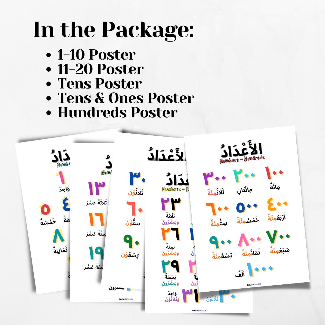 5 Arabic Numbers 1-100 Poster Package Printable - Etsy