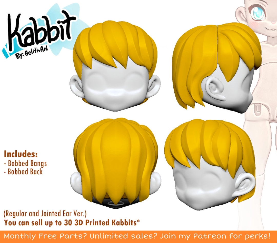 DIGITAL .STL - Additional Bobbed Wig for Kabbit - 26-28cm - 3D Printed ...