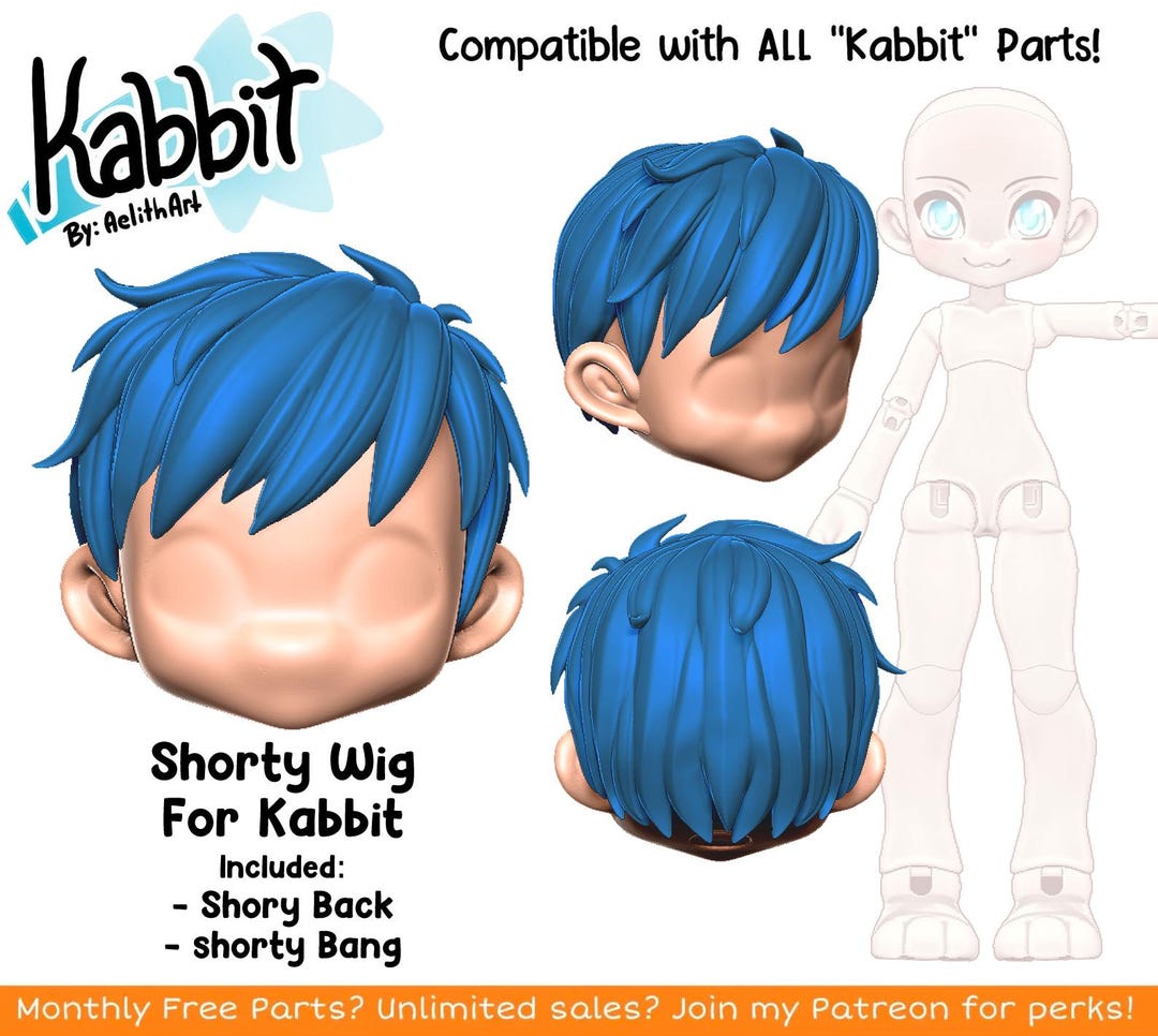 DIGITAL .STL Shorty Wig for Kabbit 26-28cm 3D Printed Ball Jointed Doll ...