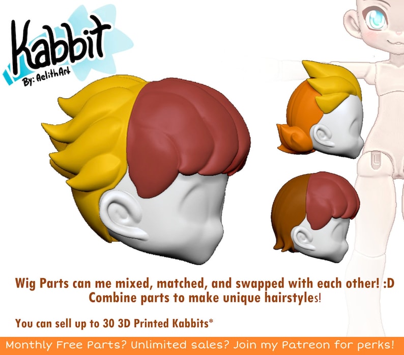 Kabbit Wig .STL: Upturned Otter BJD Doll Hair (26-28cm Digital Download ...