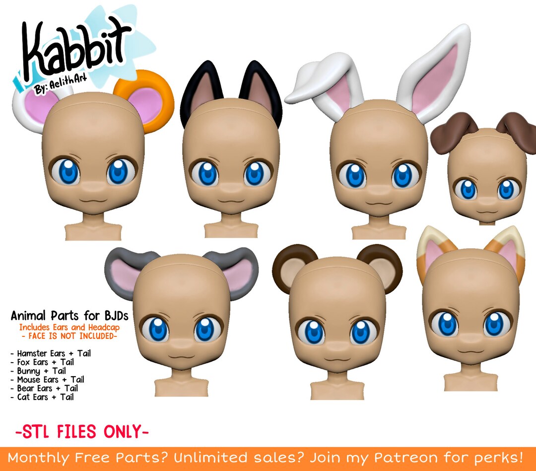DIGITAL .stl - Animal Ears and Tails for Kabbit and Other Bjds! - 26 ...