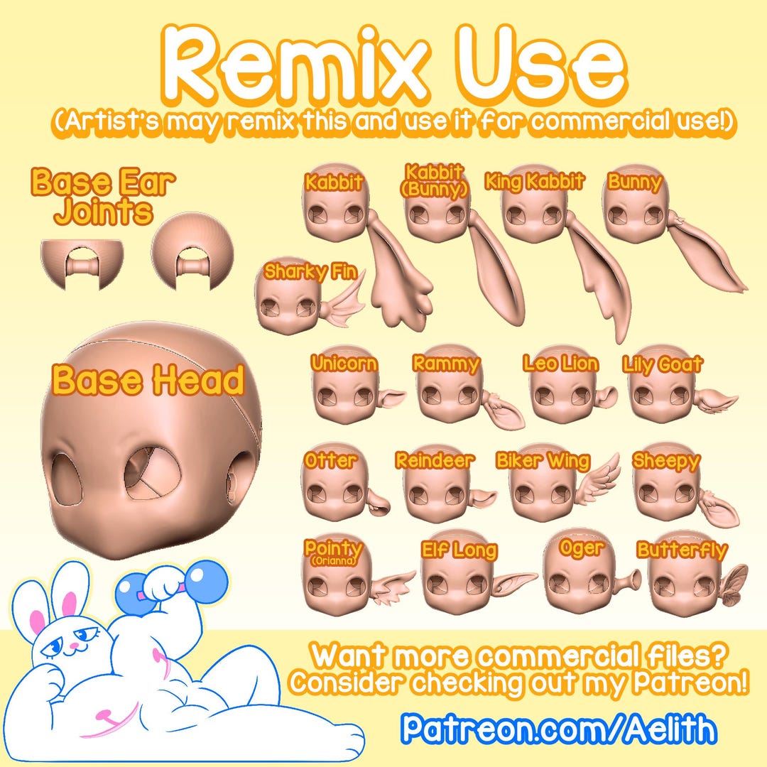 BJD Head Base .STL: 26-28cm Jointed Doll, Kabbit Ear (digital Download ...