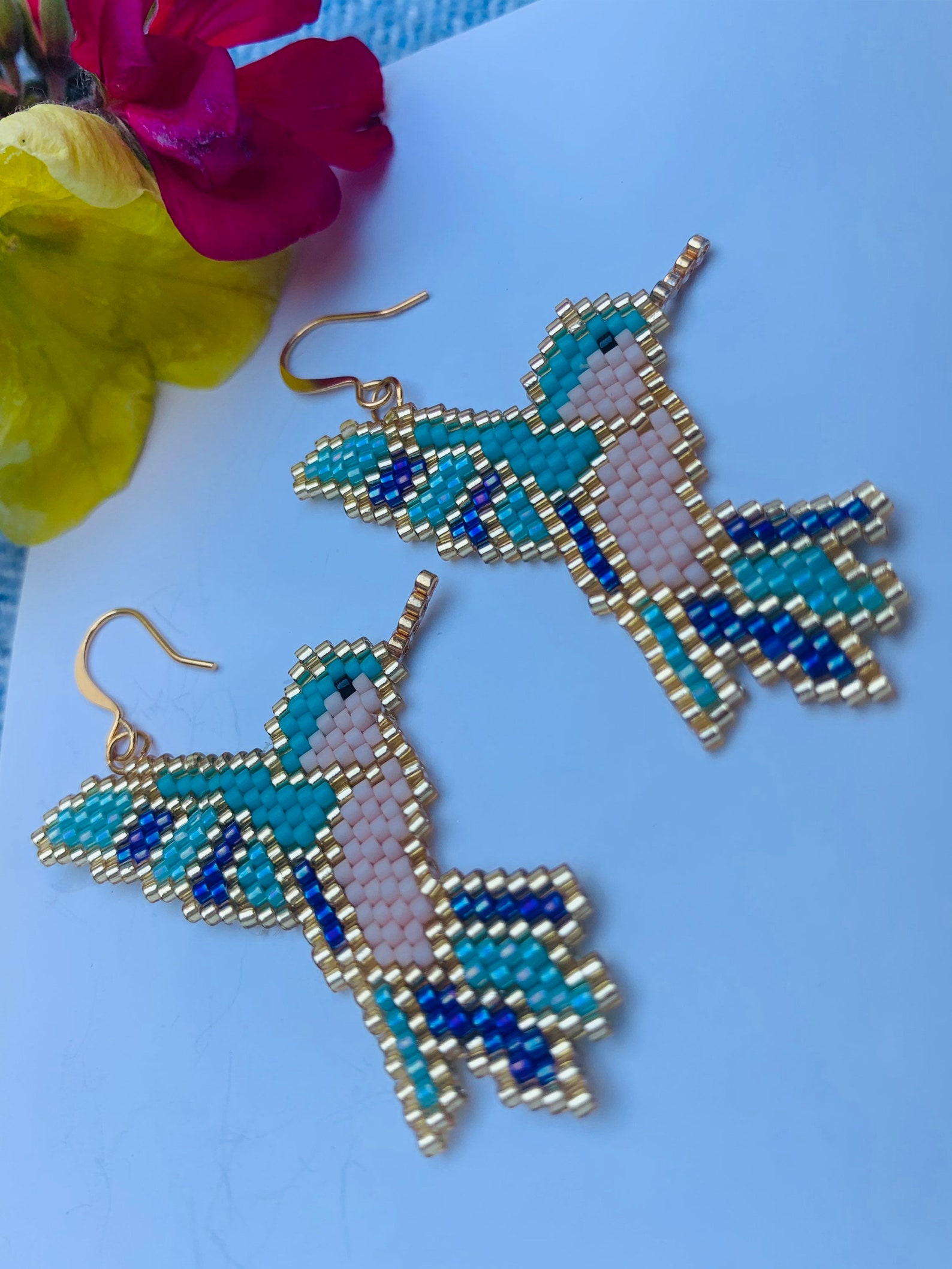 Colorful Hummingbird Earrings Handmade Seed Bead Dangle Earrings Boho ...