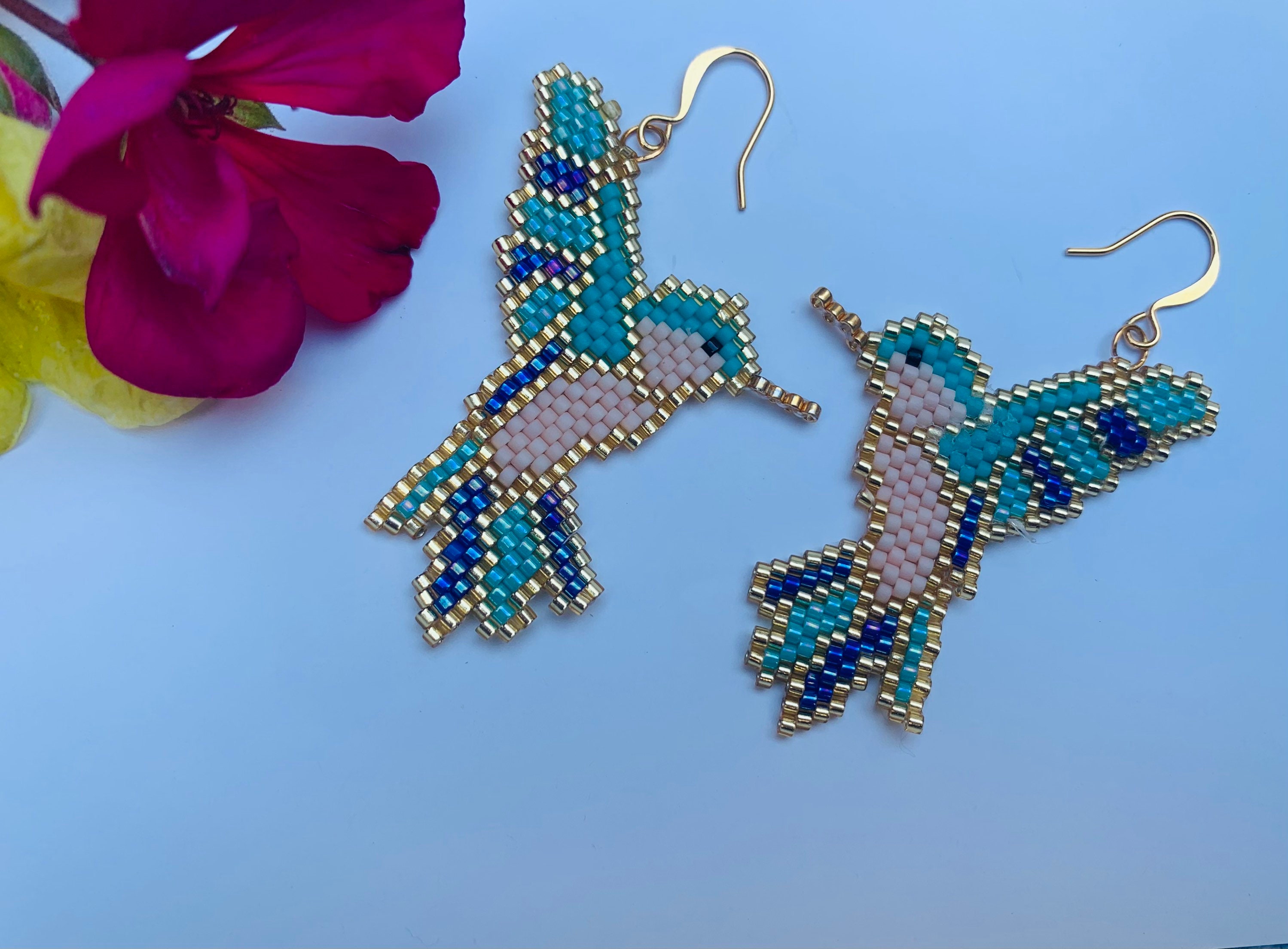 Colorful Hummingbird Earrings Handmade Seed Bead Dangle Earrings Boho ...