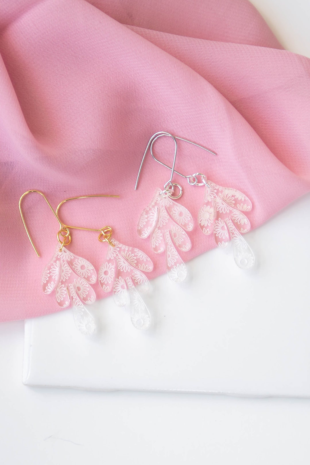 Silver or Gold Daisy Leaf Dangles | Clear Earrings | Gold Plated ...