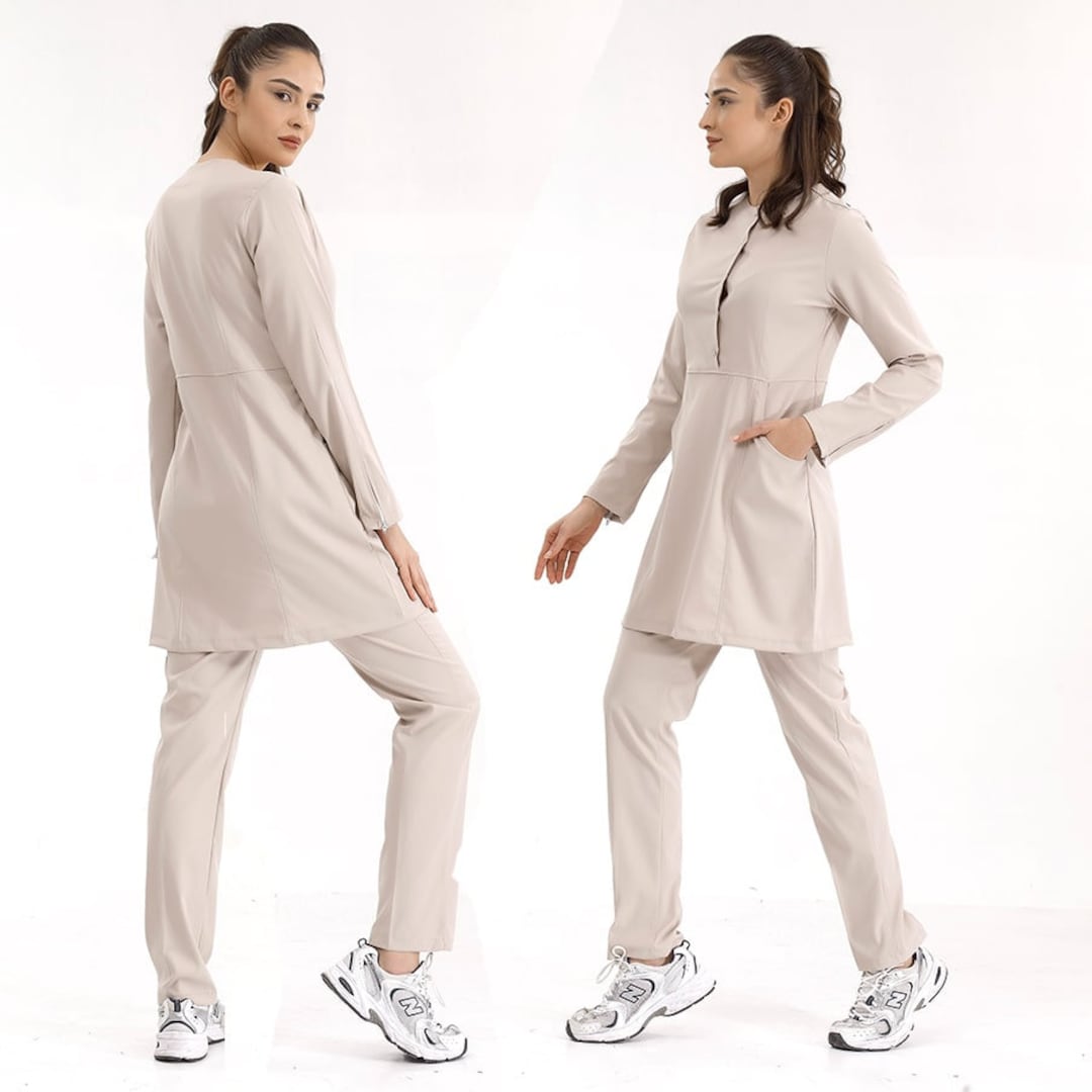 Beige Lux Stretch Zippered Hijab Suit,muslim Scrubs Uniform,nurse ...
