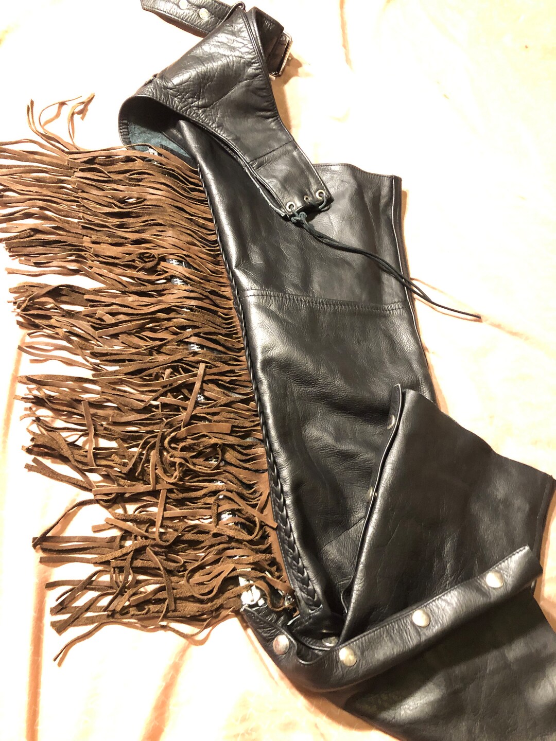 Vintage 1980's California Rodeo Black Leather Chaps With Suede Fringe ...