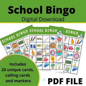 SCHOOL BINGO, Back to School Bingo, Fun Printable Party Bingo, Teacher ...
