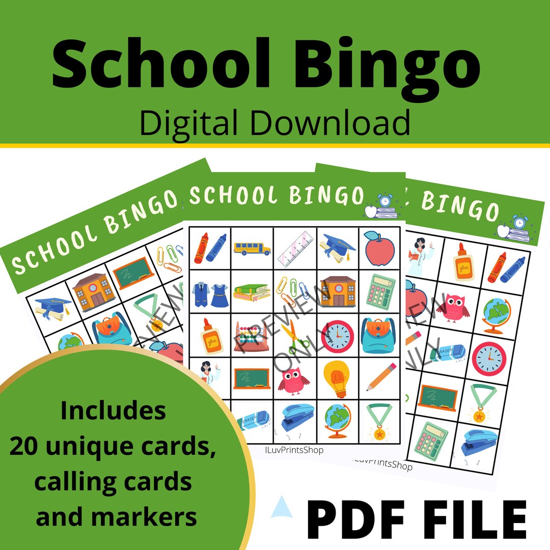 SCHOOL BINGO, Back to School Bingo, Fun Printable Party Bingo, Teacher ...
