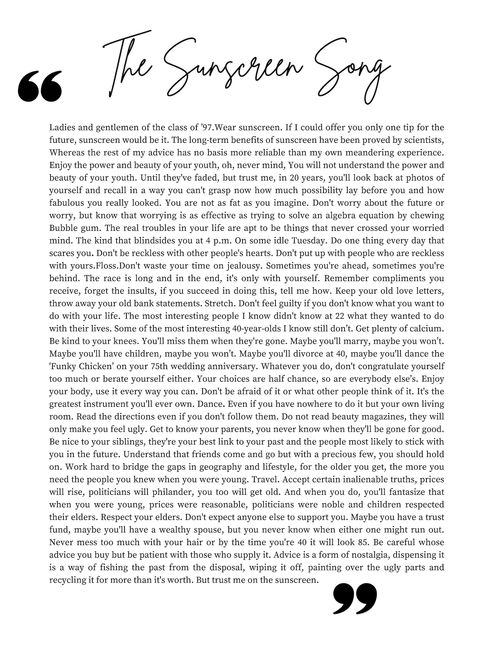 Wear Sunscreen Typography Print, Baz Luhrmann, Perfect Inspirational ...