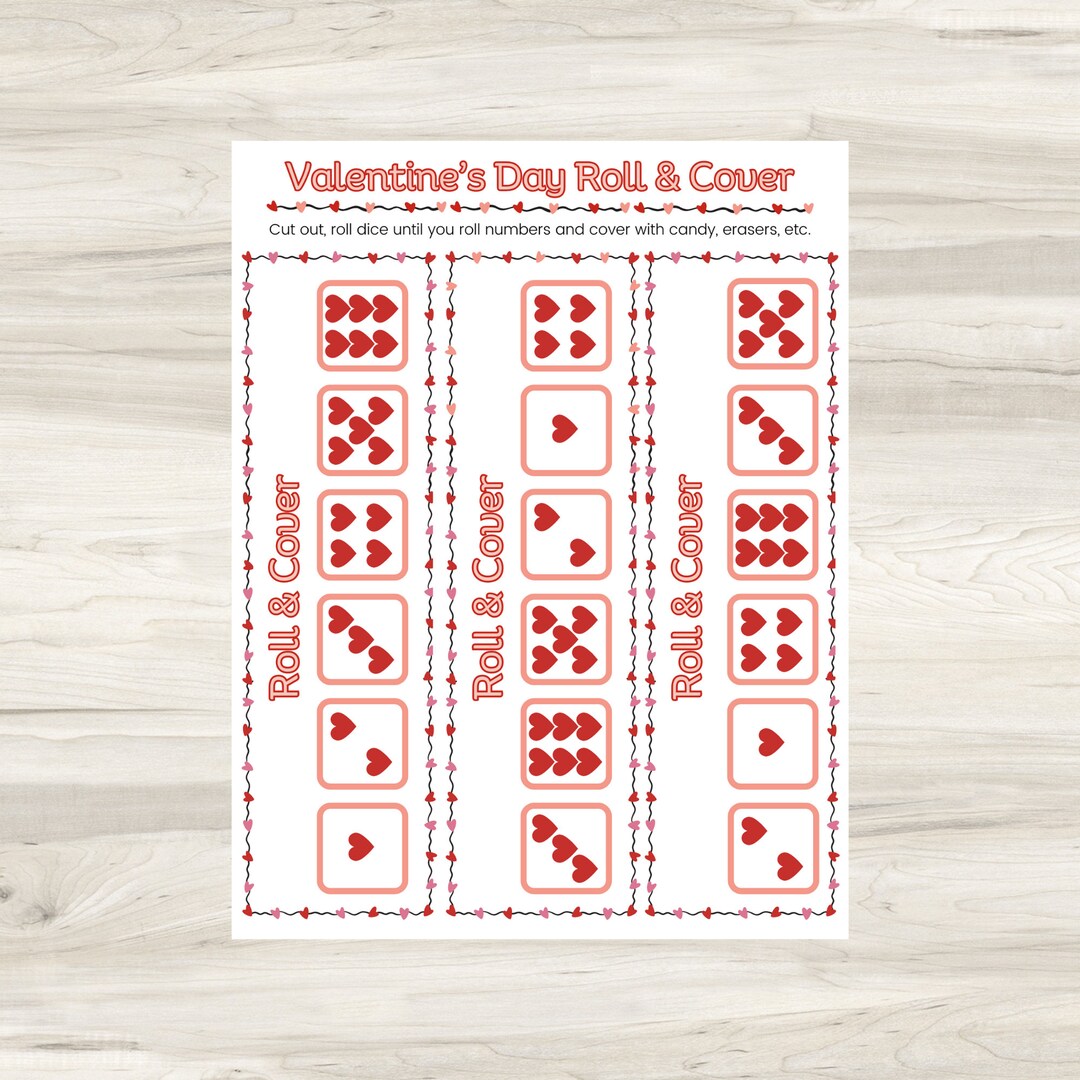 Valentine's Day Roll and Cover Worksheet, Heart Dice Printable Digital ...