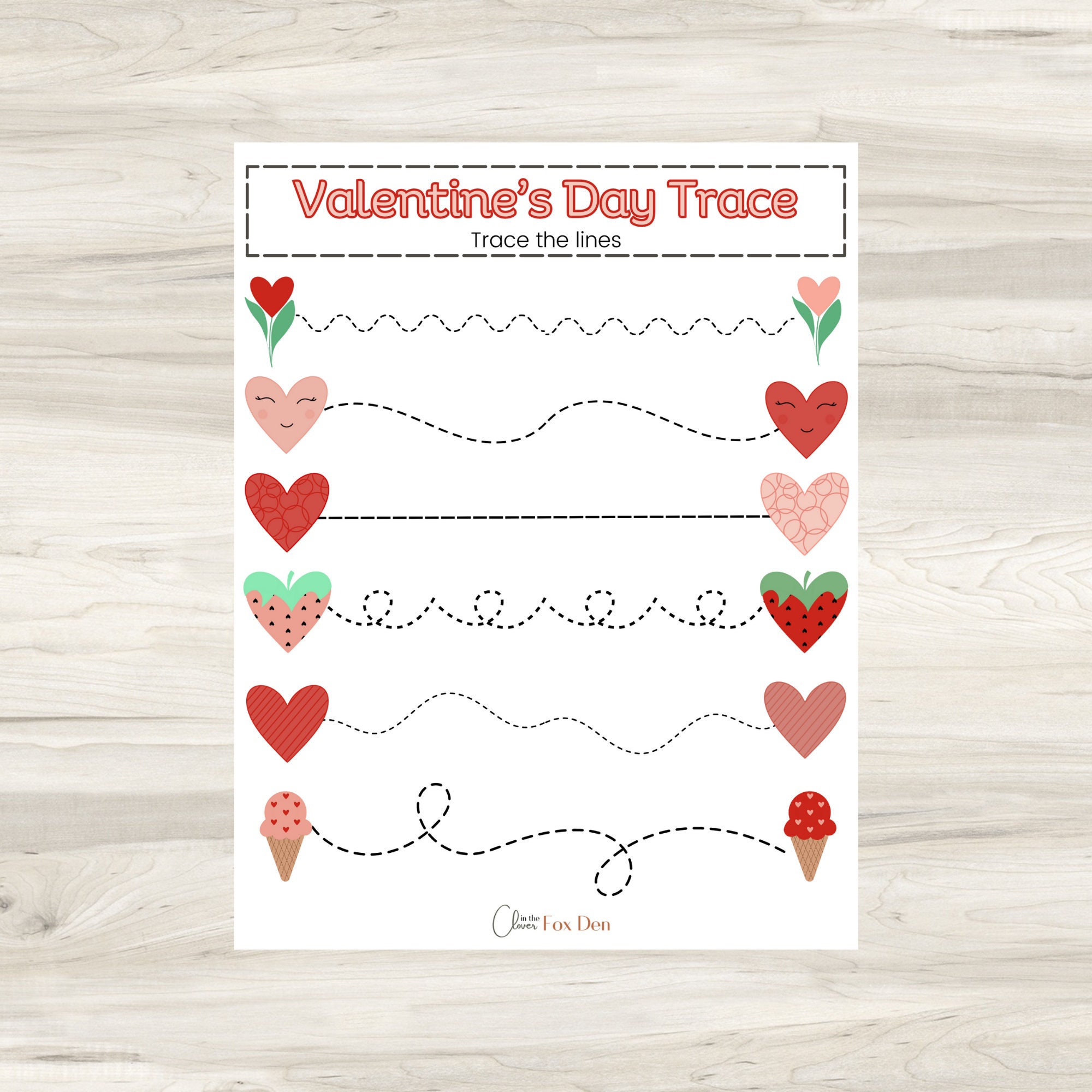 Valentine's Day Trace Worksheet, Heart Printable Digital Download. Pre ...