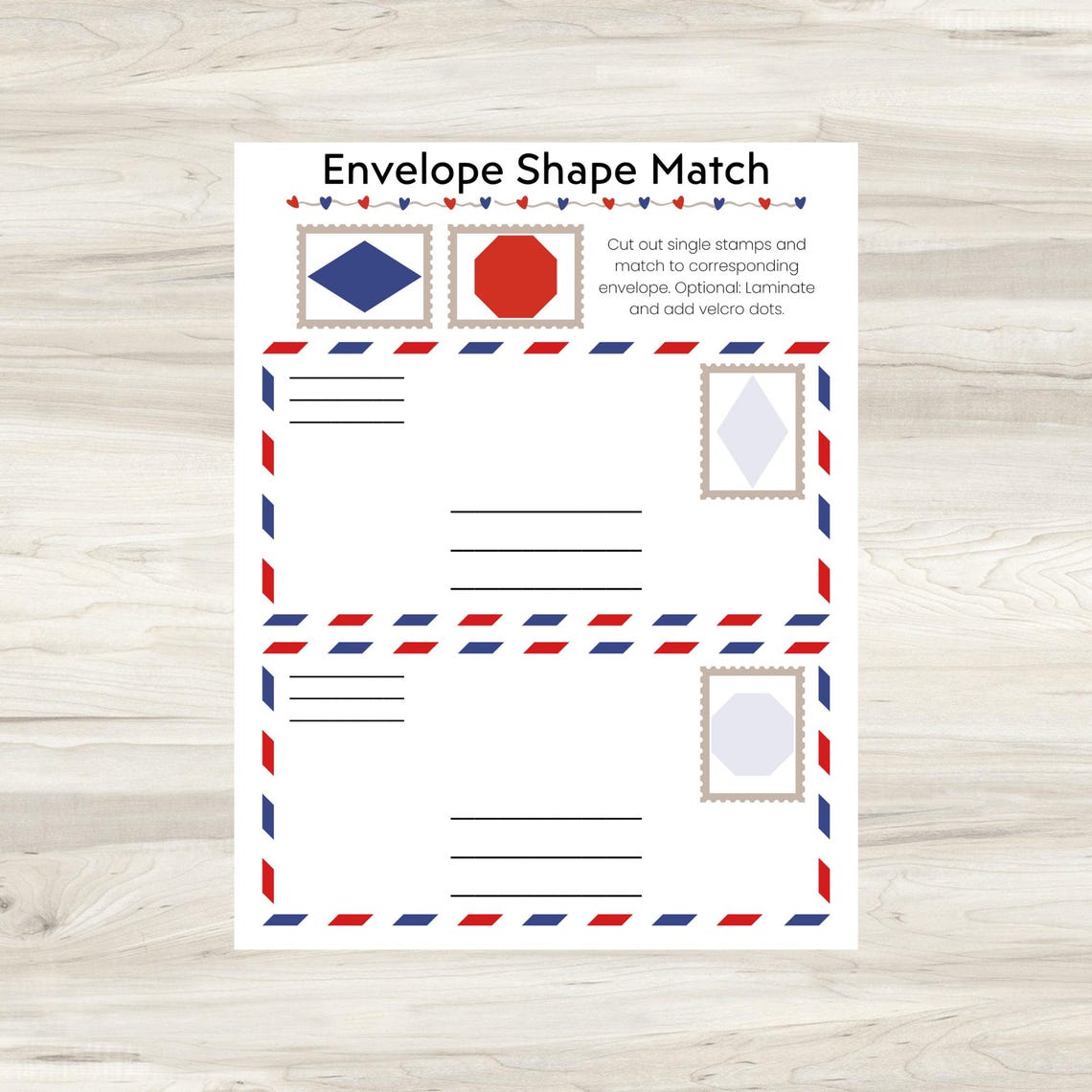 Post Office Envelope / Stamp Color / Shape Match Worksheet, Printable ...