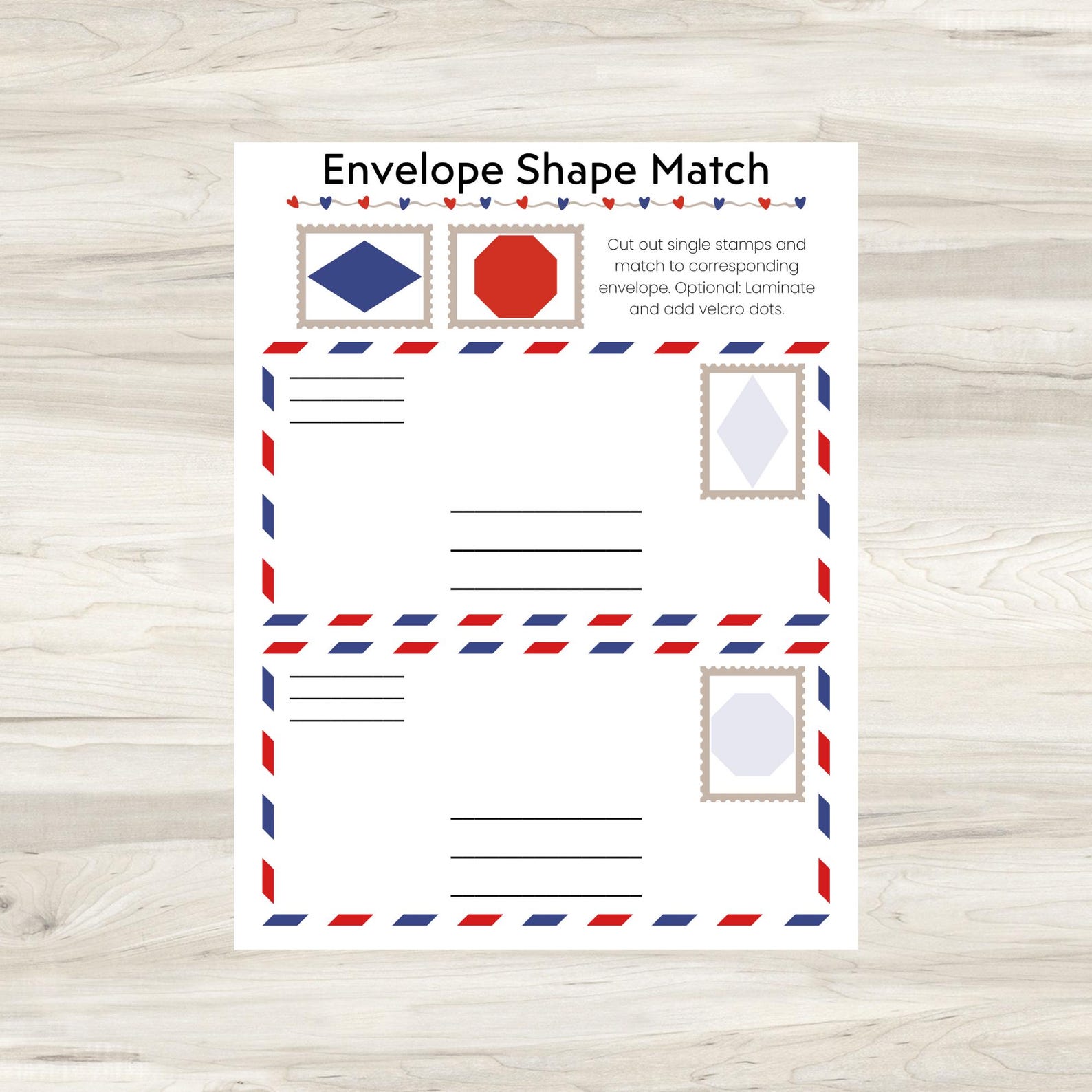 Post Office Envelope / Stamp Color / Shape Match Worksheet, Printable ...