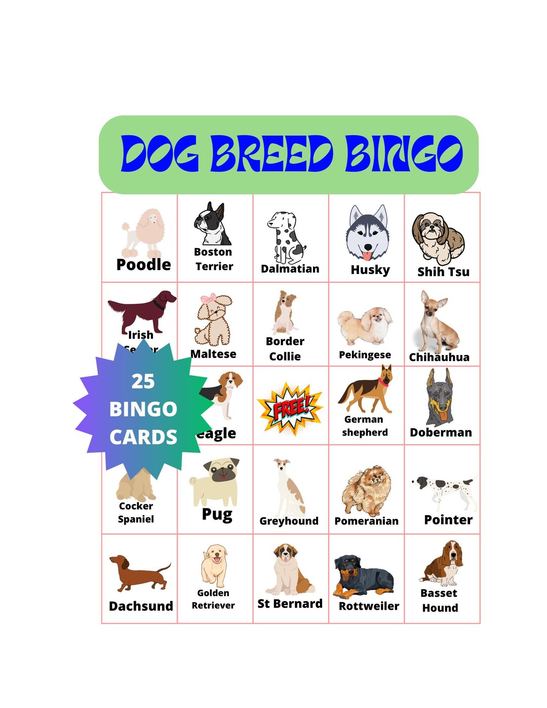 Dog Breed Bingo, Animal Bingo for Kids, Animal Bingo Game for Children ...