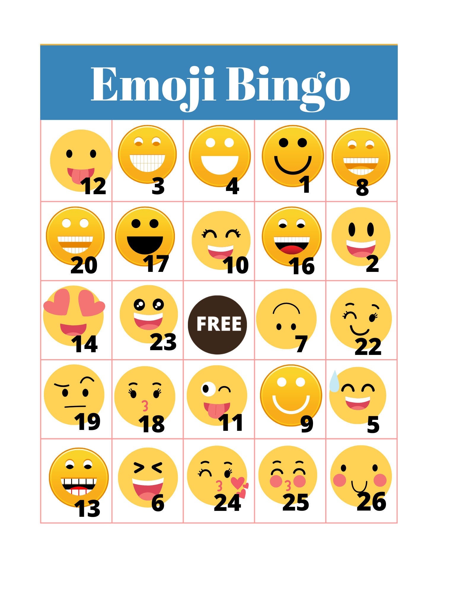 Emoji Bingo Game Colorful Bingo Game, Bingo Game With Large Cards ...