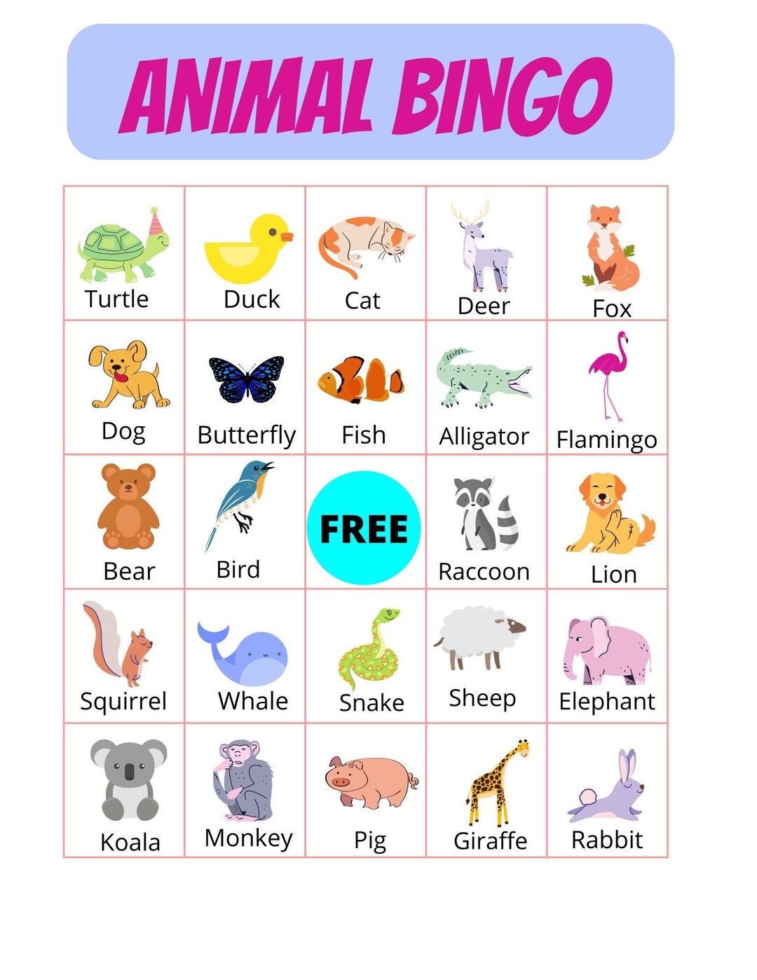 Bingo Calling Cards, Bingo Template, Instant Animal Bingo Printable ...