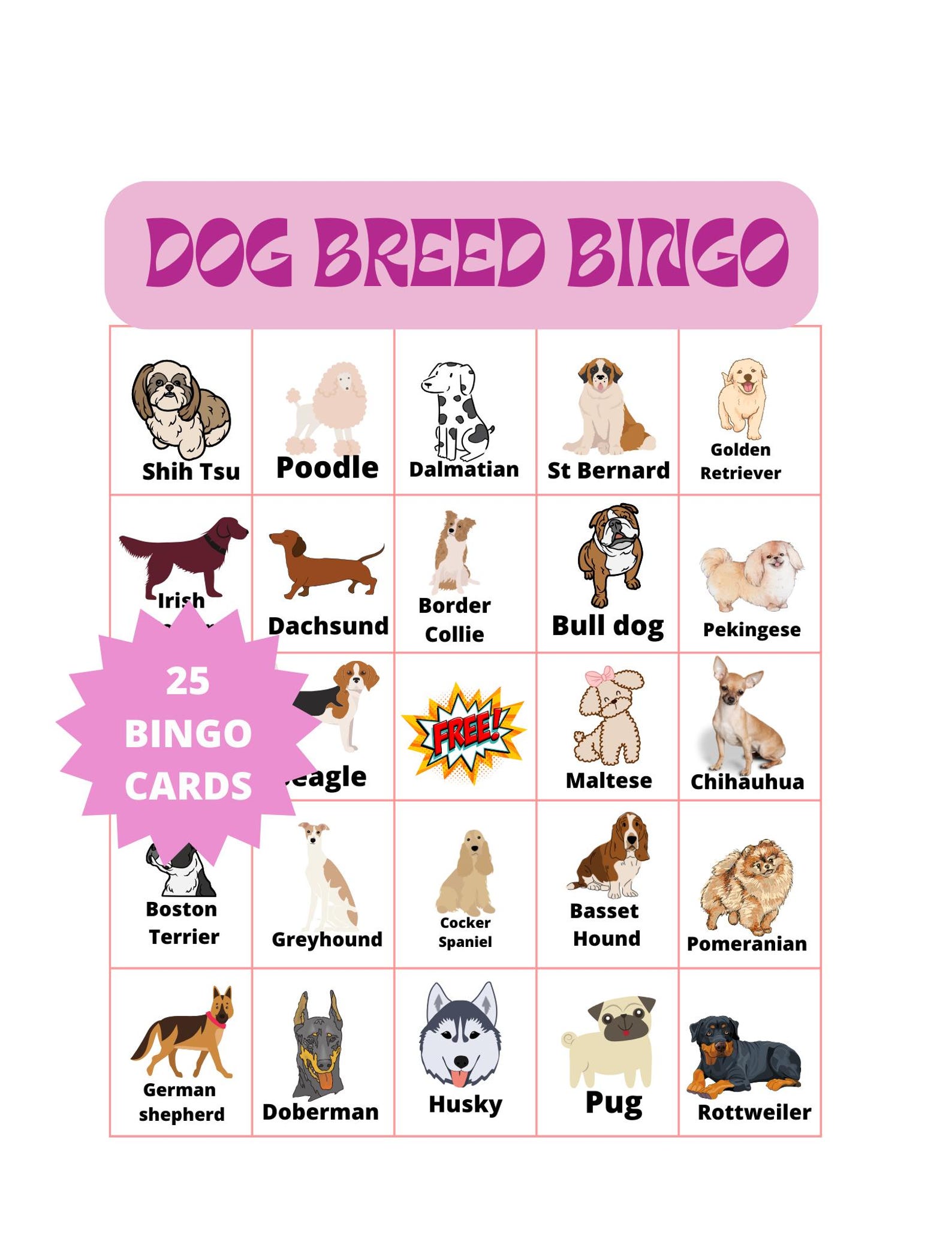 Dog Breed Bingo, Animal Bingo for Kids, Animal Bingo Game for Children ...