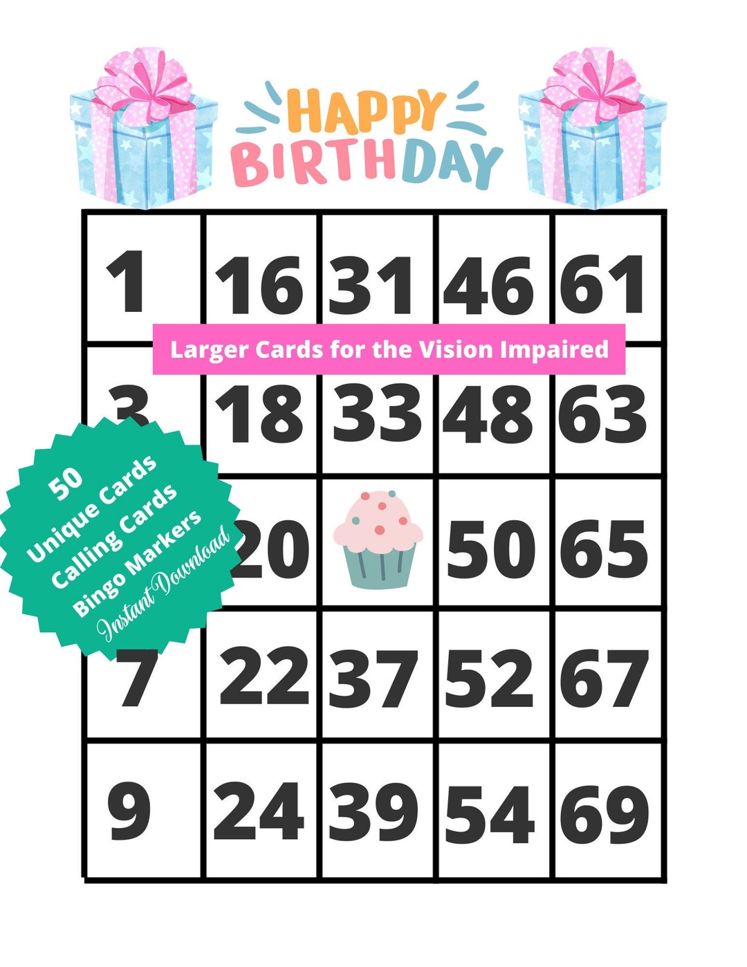 Happy Birthday Bingo Game, Printable Bingo Game With Large Cards ...