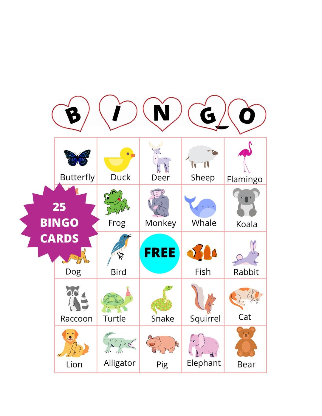 Animal Bingo for Kids, Bingo Calling Cards, Bingo Template, Instant ...
