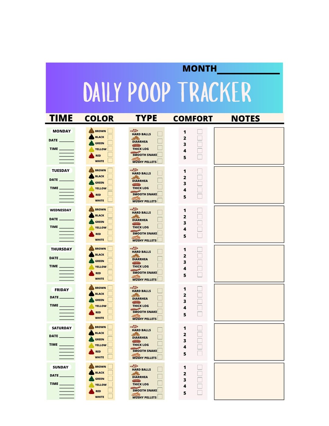 Poop Tracker Printable Sheets, Bowel Movement Journal Planner, Poop ...