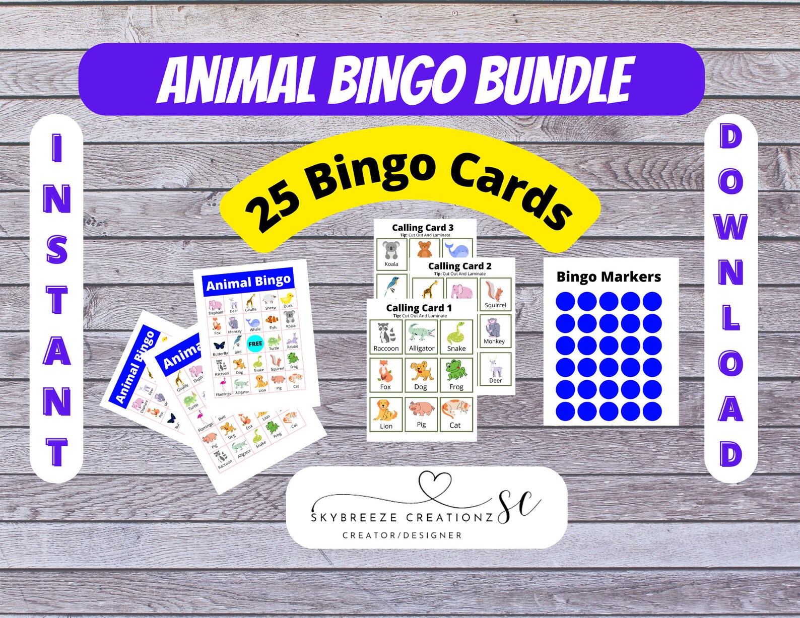 Animal Bingo Game for Children, Bingo Template, Instant Animal Bingo ...