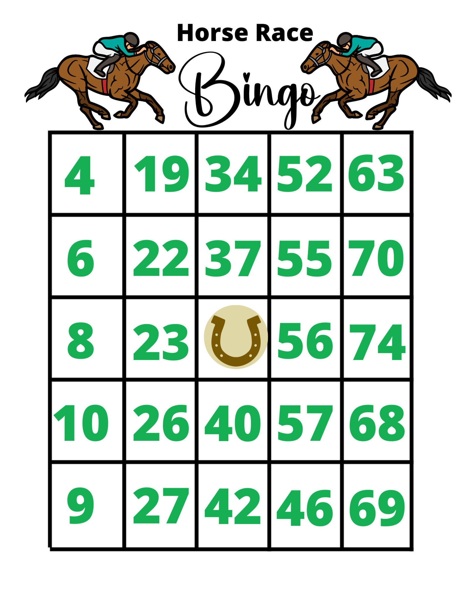 HORSE RACING 30 Bingo Cards, Printable Kids Bingo, Instant Horse Bingo ...