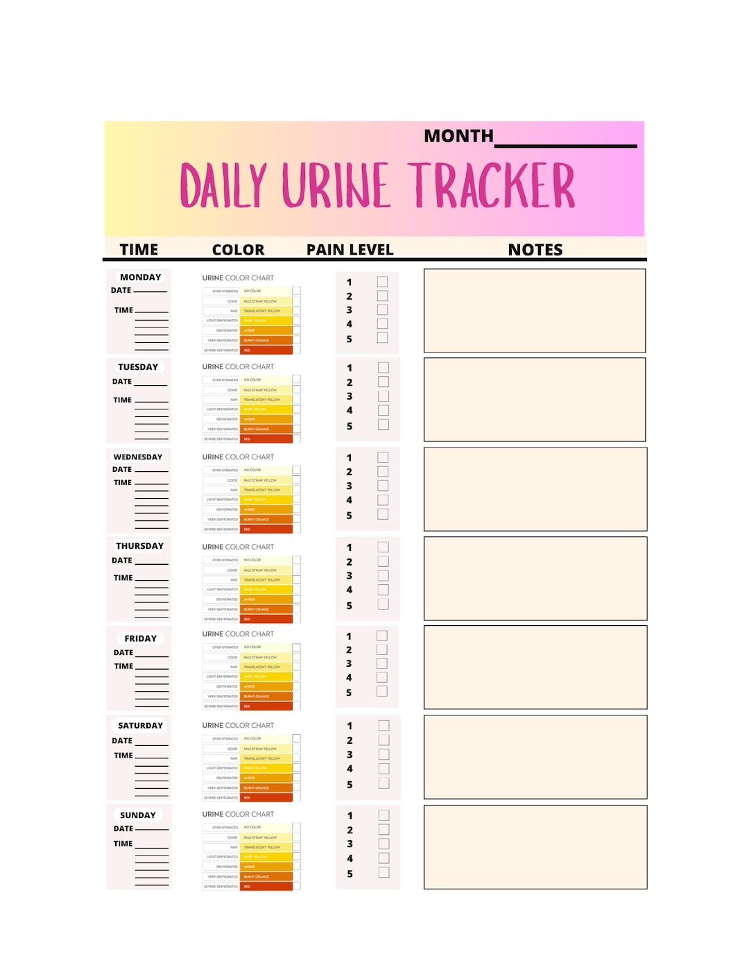 Daily Urine and Bladder Tracker Sheet, Track Urine and Bladder Habits Hourly, Personal or ...