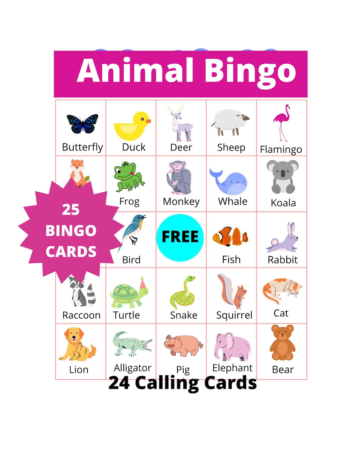 Animal Bingo Game for Children, Printable Large Bingo Cards With ...