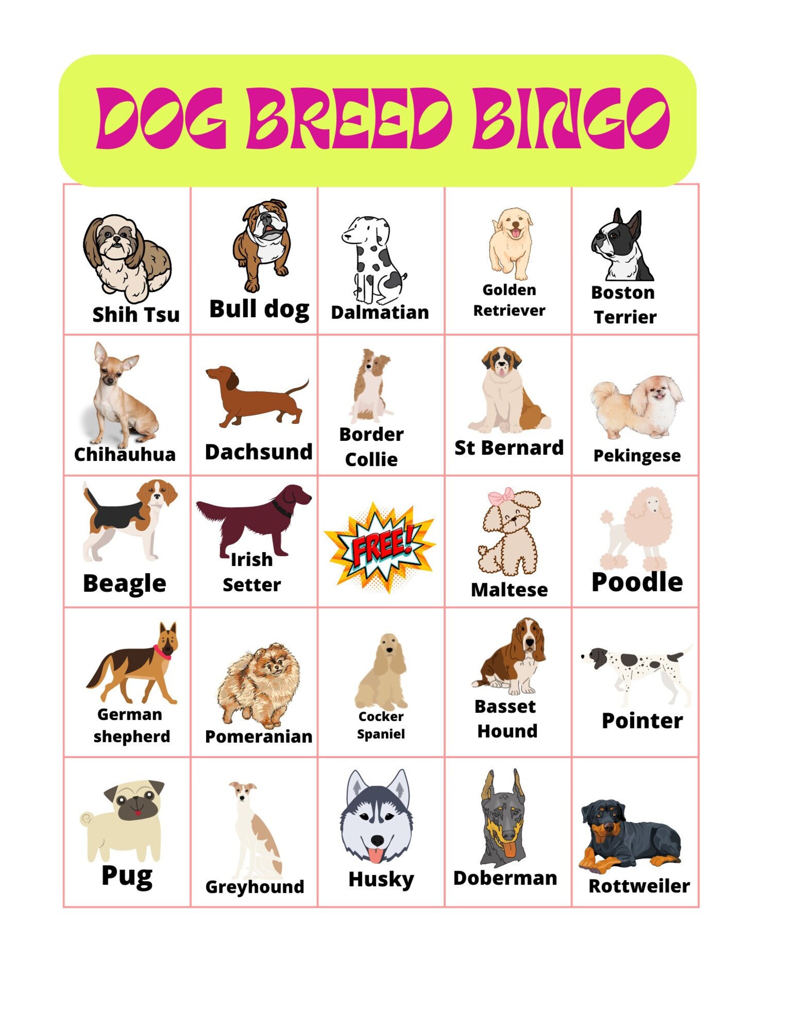 Dog Breed Bingo, Animal Bingo for Kids, Animal Bingo Game for Children ...