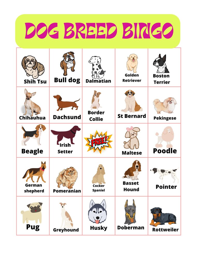 Dog Breed Bingo, Animal Bingo for Kids, Animal Bingo Game for Children ...