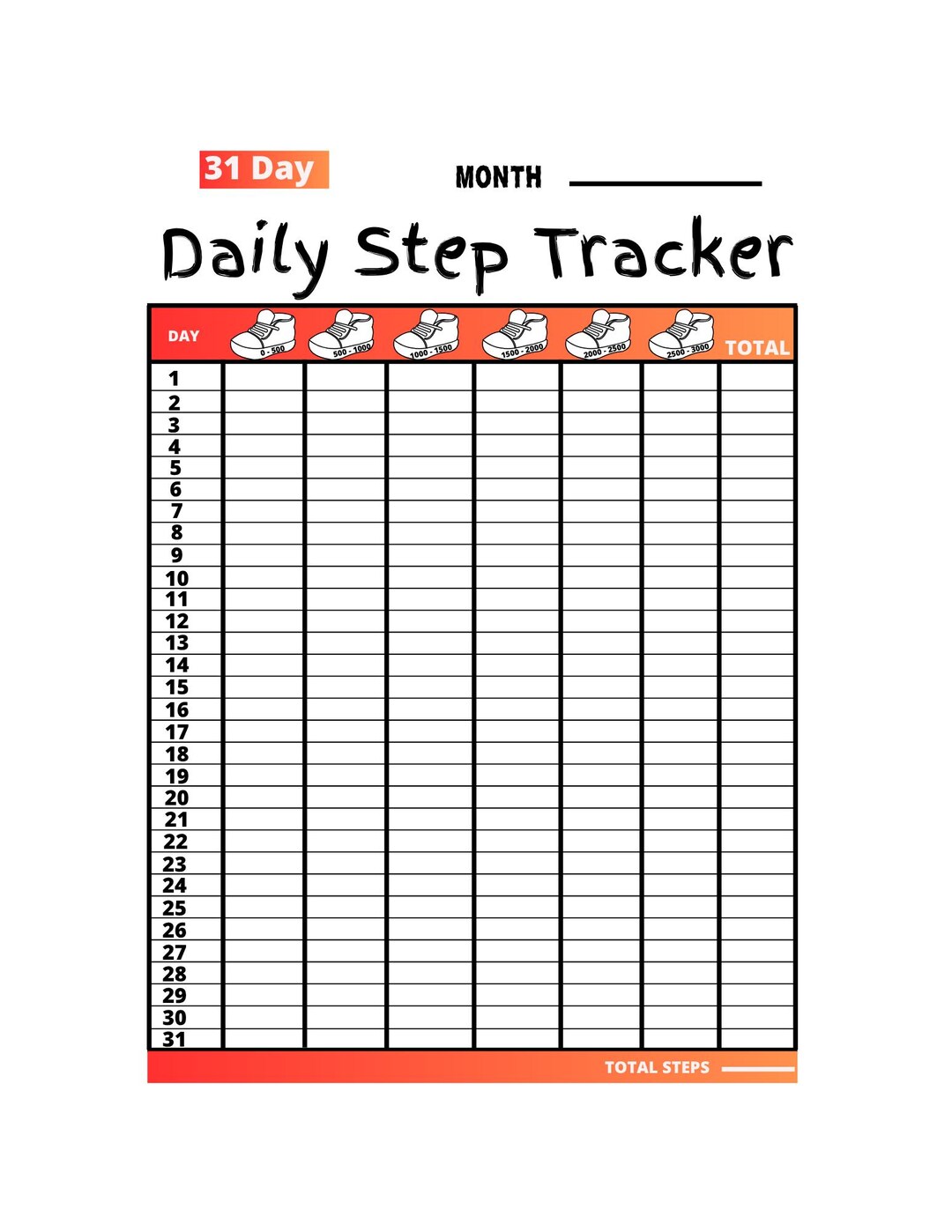 31 Day Step Tracker Monthly Challenge Printable, Walking Challenge ...