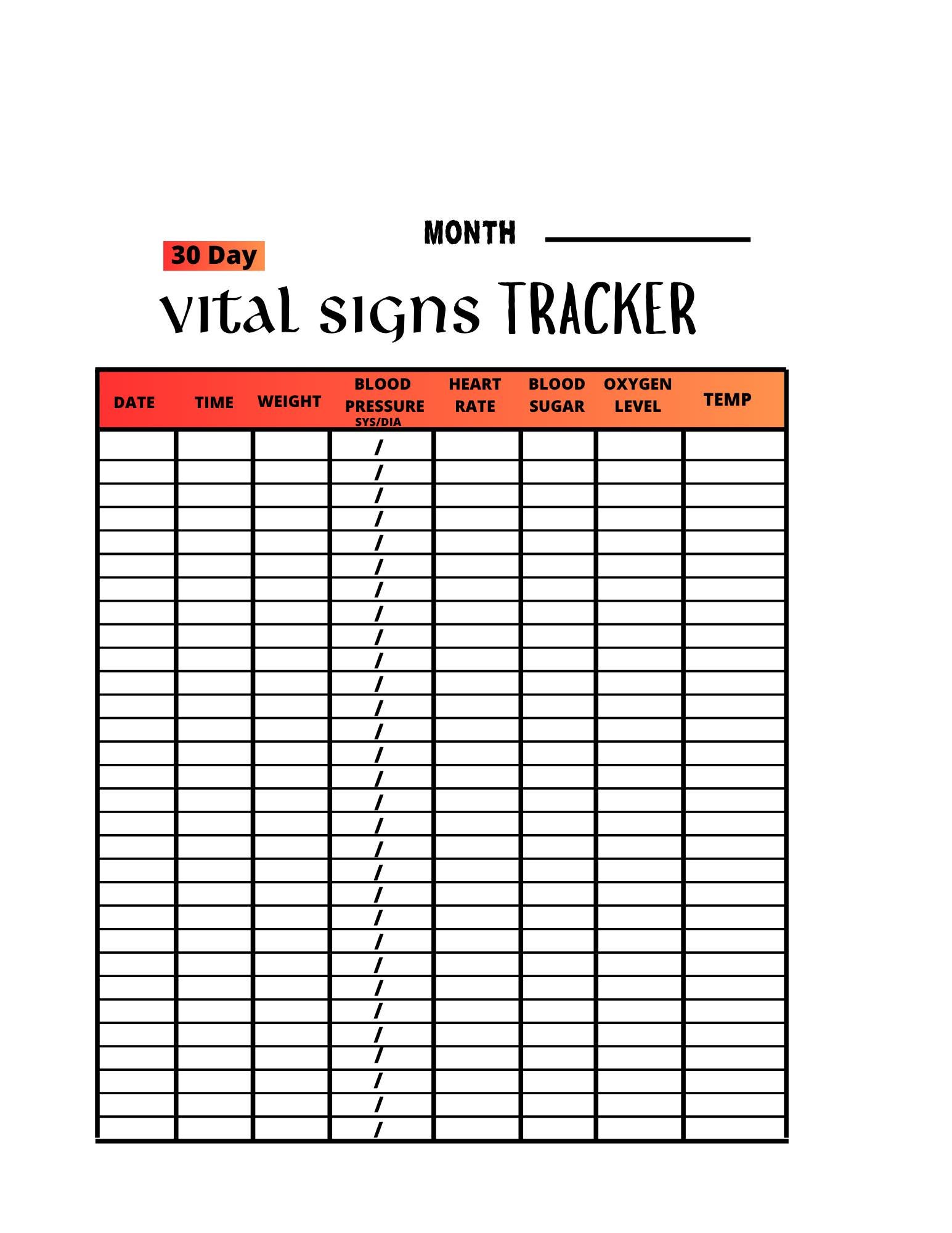 Vital Signs Tracker, Printable Tracker for All Vitals, Blood Pressure ...