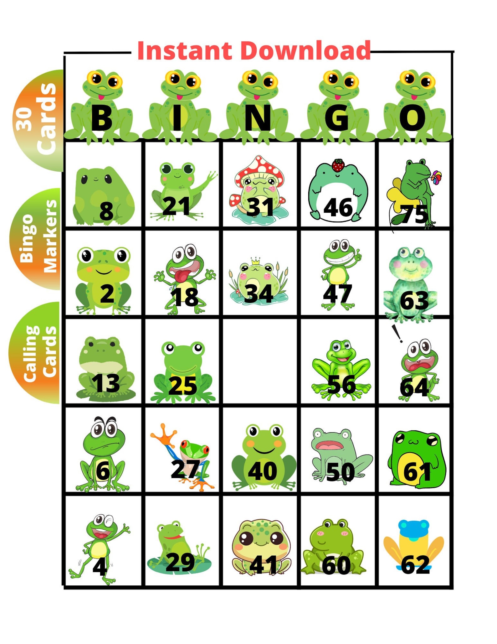 Frogs Printable Large Bingo Cards, Bingo Game Bundle to Play/instantly ...