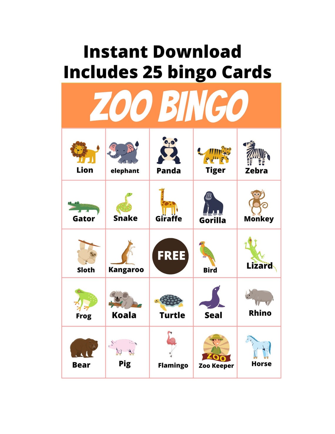 Zoo Bingo Game, Bingo Game With Animals to Instantly Download Print and ...