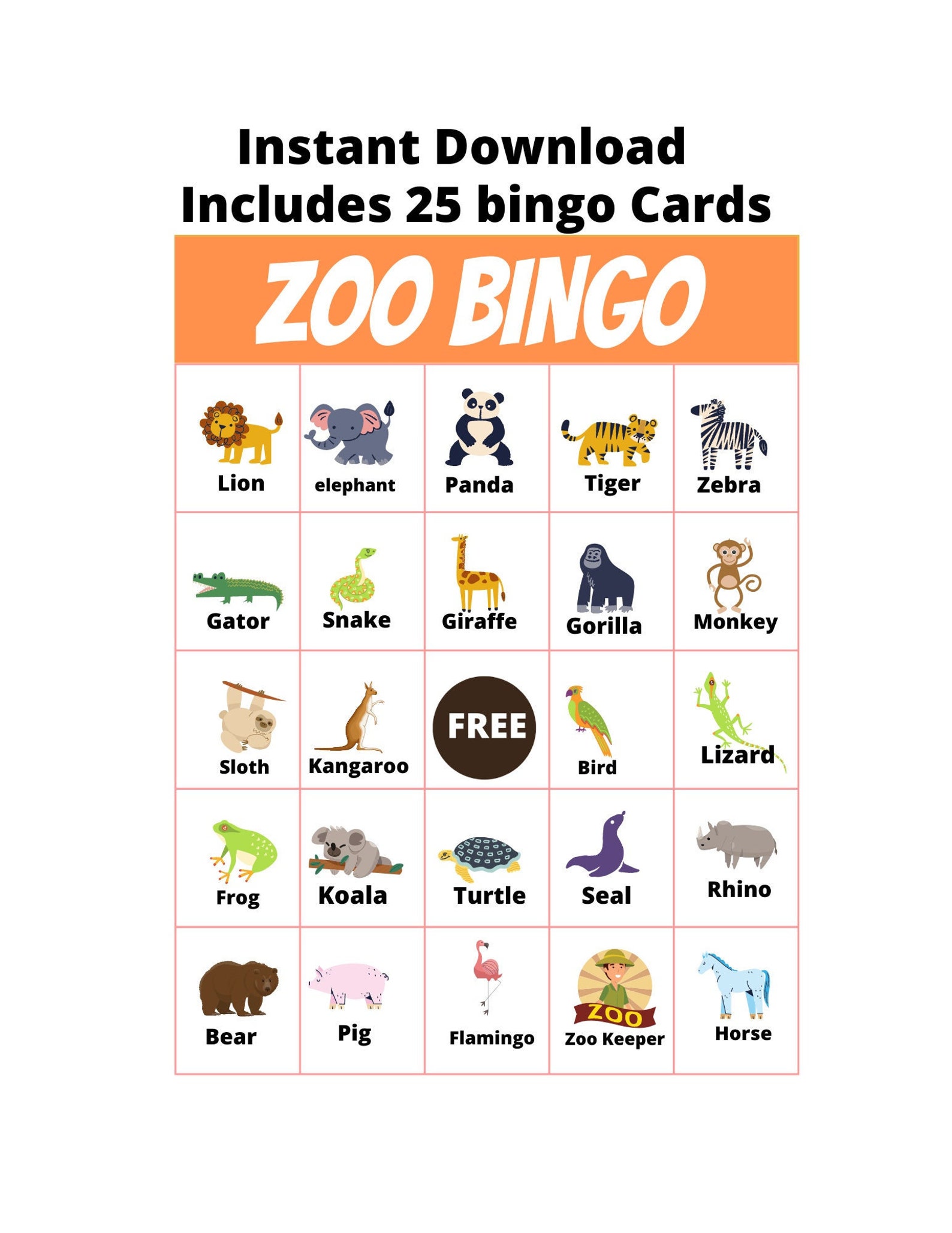 Zoo Bingo Game, Bingo Game With Animals to Instantly Download Print and ...