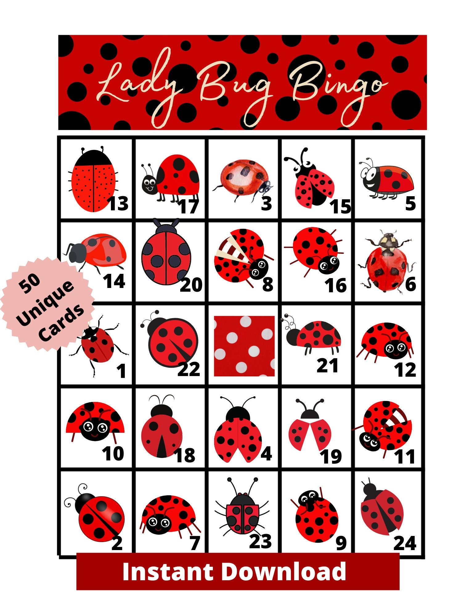 Lady Bug Bingo Calling Cards, Printable Kids Bingo, Instant Animal ...