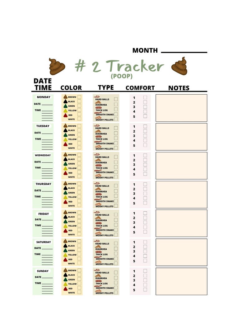 Poop Tracker Printable Sheets, Bowel Movement Journal Planner, Poop ...