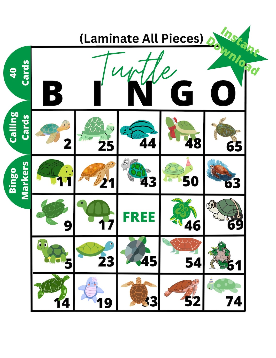 Turtle Bingo Game for Children and Adults, Bingo Game to Download ...