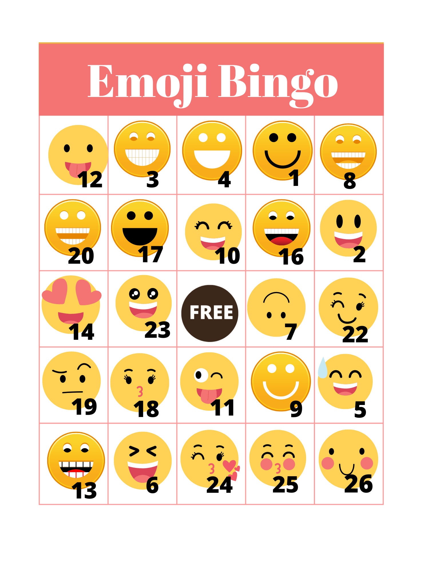 Emoji Face Bingo, Printable Bingo Game With Large Cards,print and Play ...