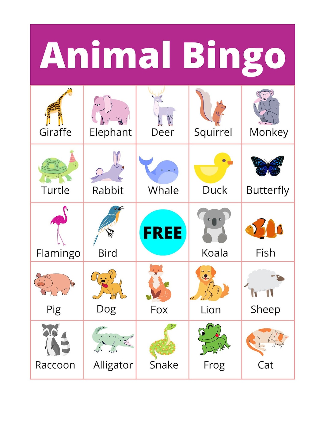 Animal Bingo Game for Children, Bingo Calling Cards, Instant Animal ...