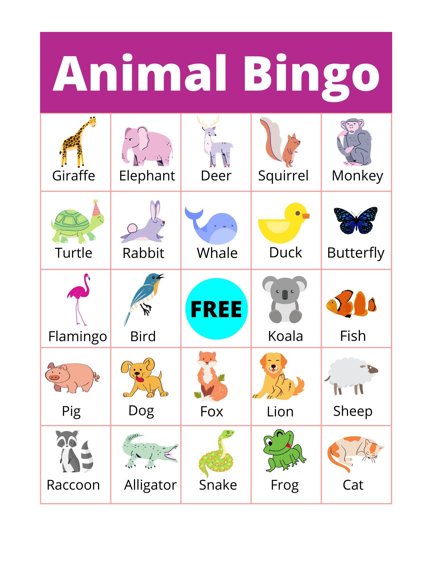 Animal Bingo Game for Children, Printable Kids Bingo, Instant Animal ...