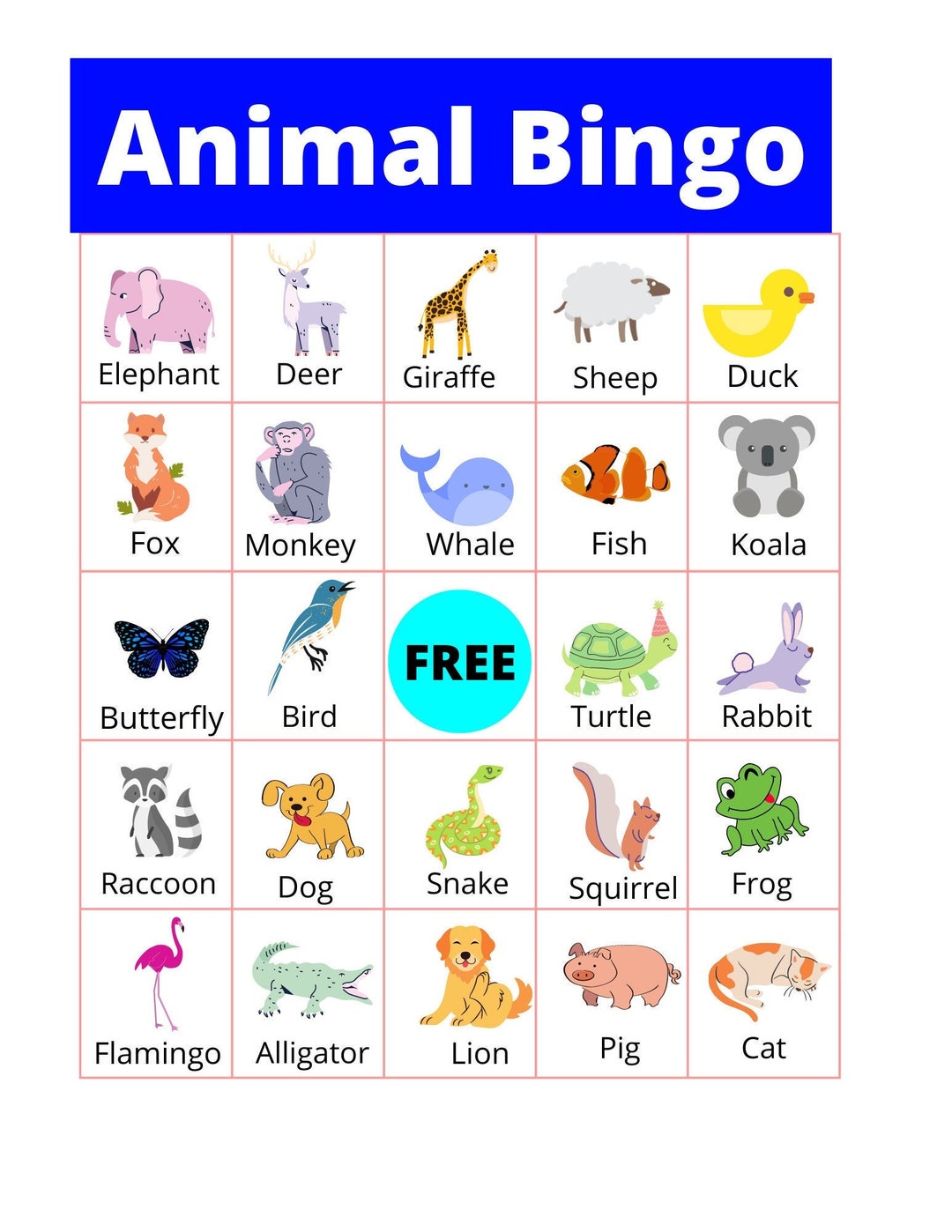 Animal Bingo Game for Children, Children Bingo Game Animals, Instant ...