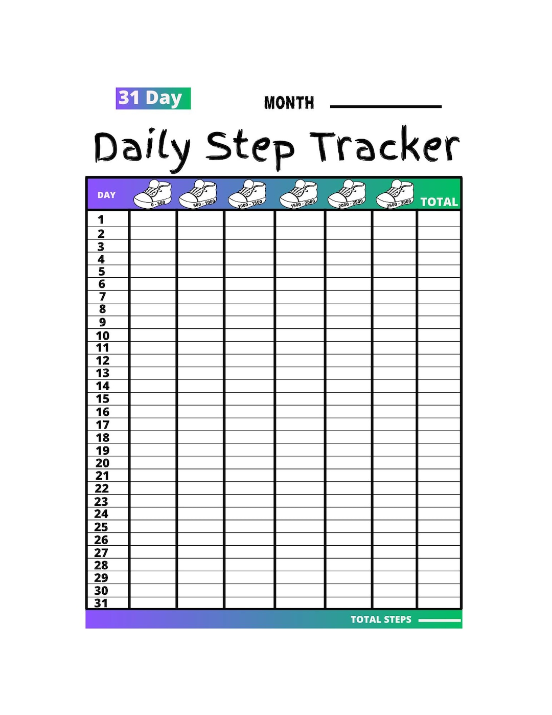 31 Day Step Tracker Monthly Challenge Printable, Walking Challenge ...
