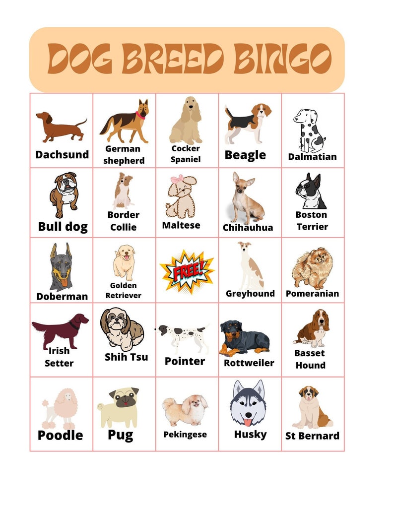 Dog Breed Bingo, Printable Bingo Game With Large Cards, Print and Play ...