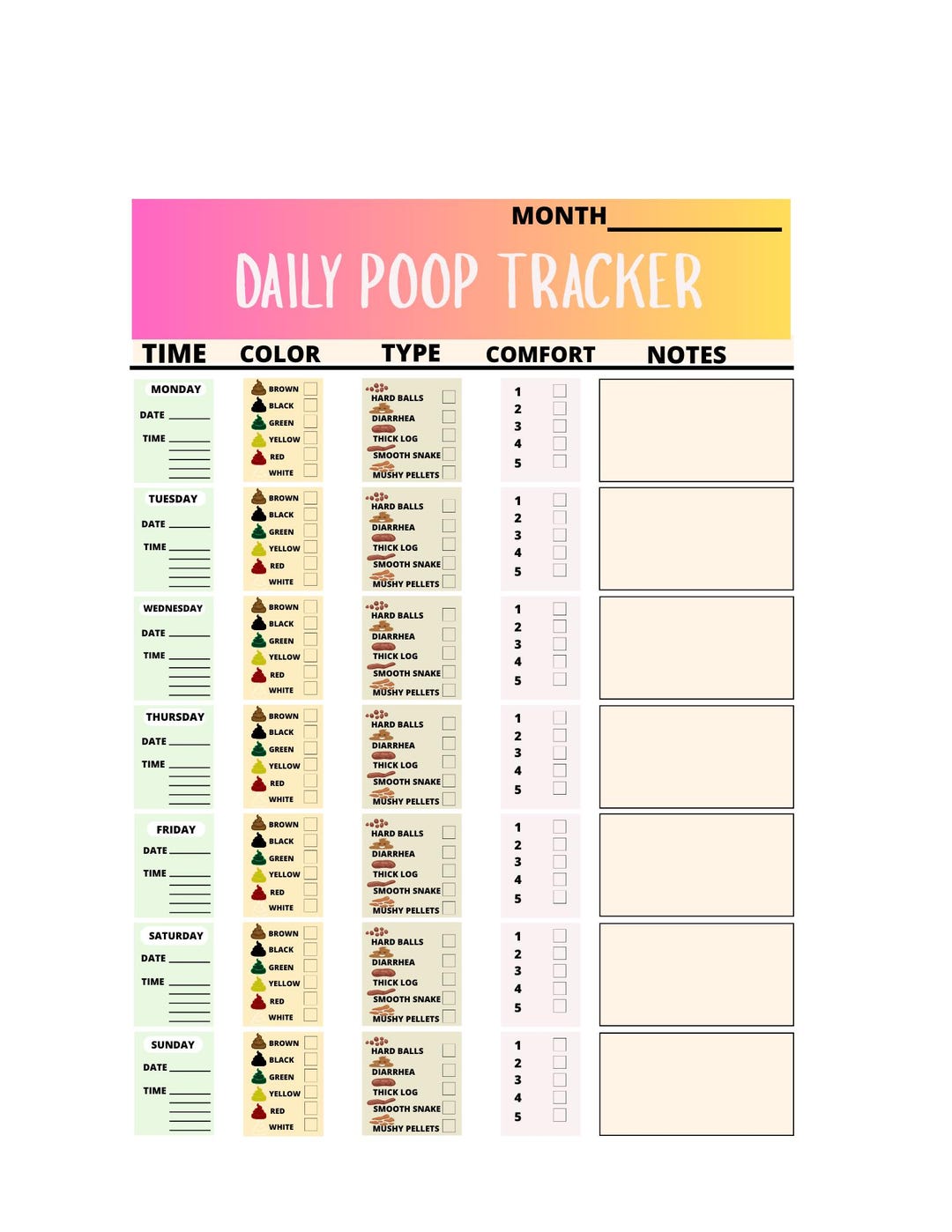Poop Tracker Printable Sheets, Bowel Movement Journal Planner, Poop ...