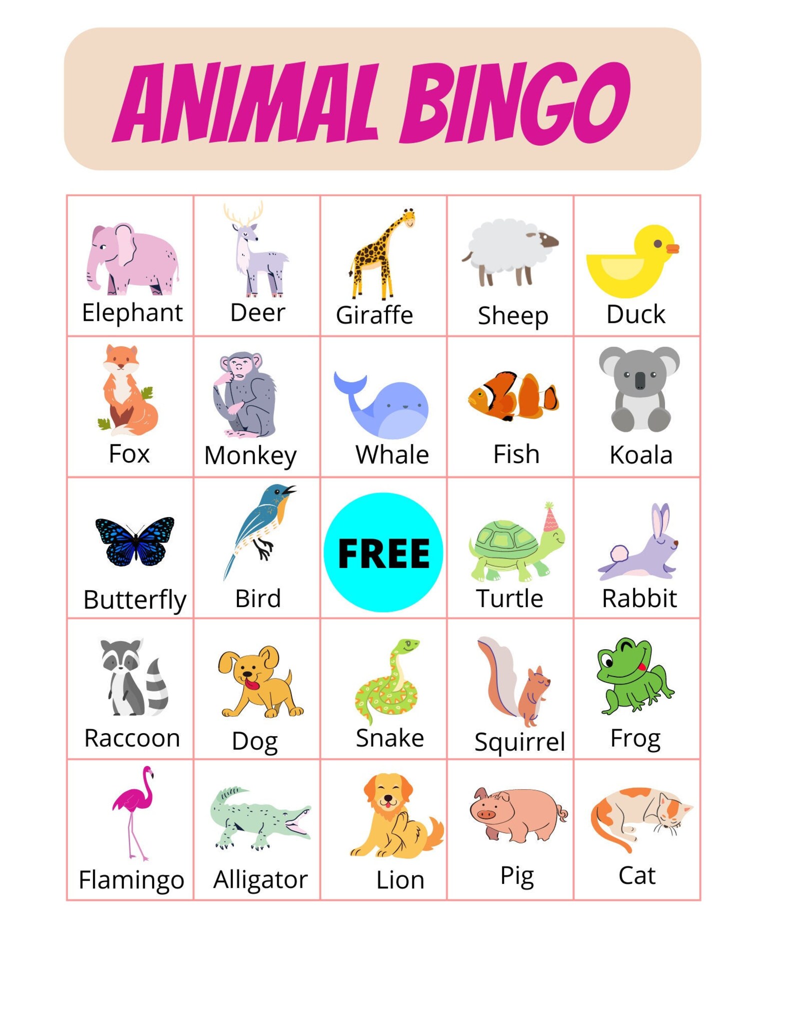 Bingo Game With Animals to Instantly Download Print and Play - Etsy