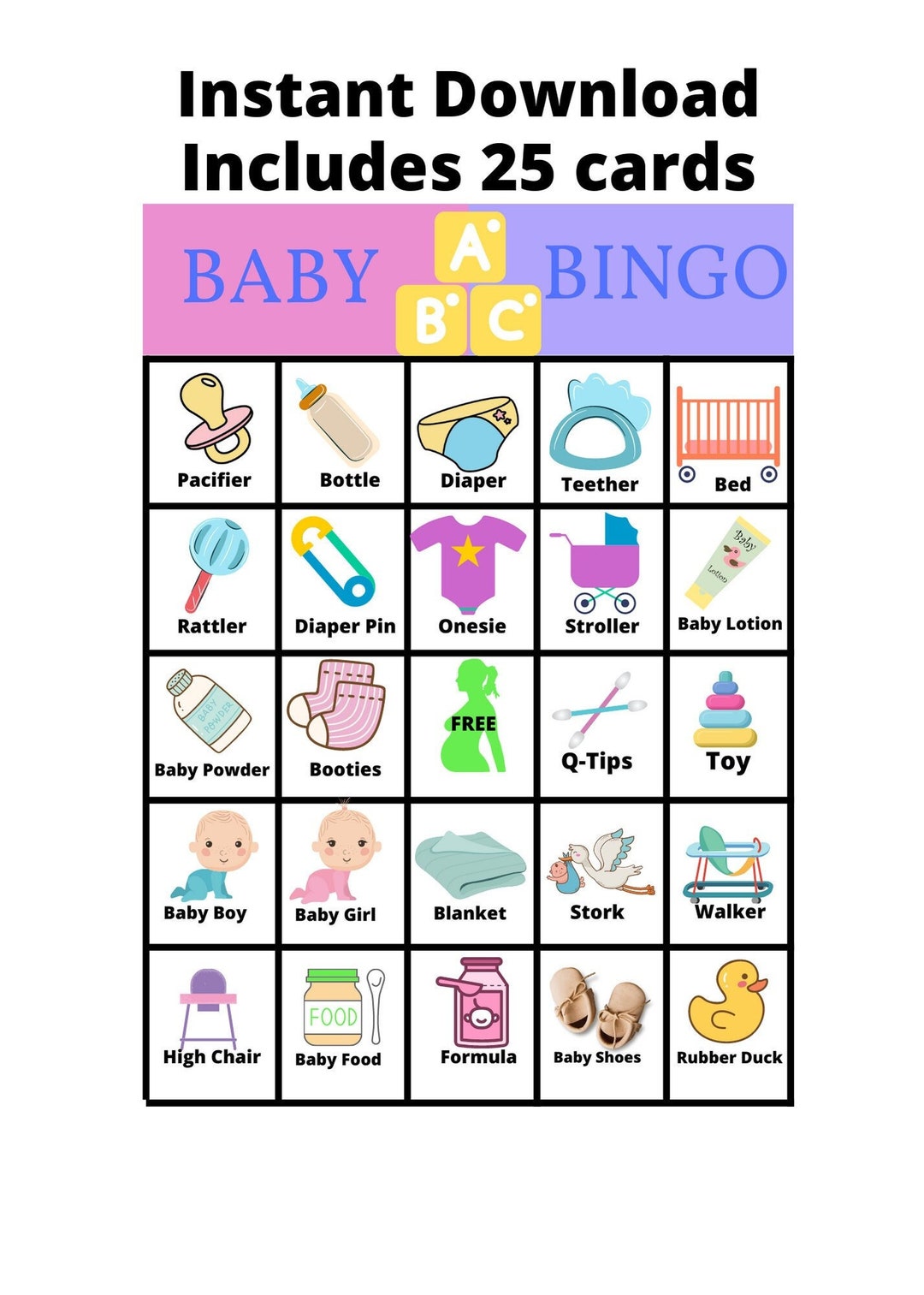 Baby Shower Bingo Game With 25 Playing Cards, Baby Shower Bingo Game to ...