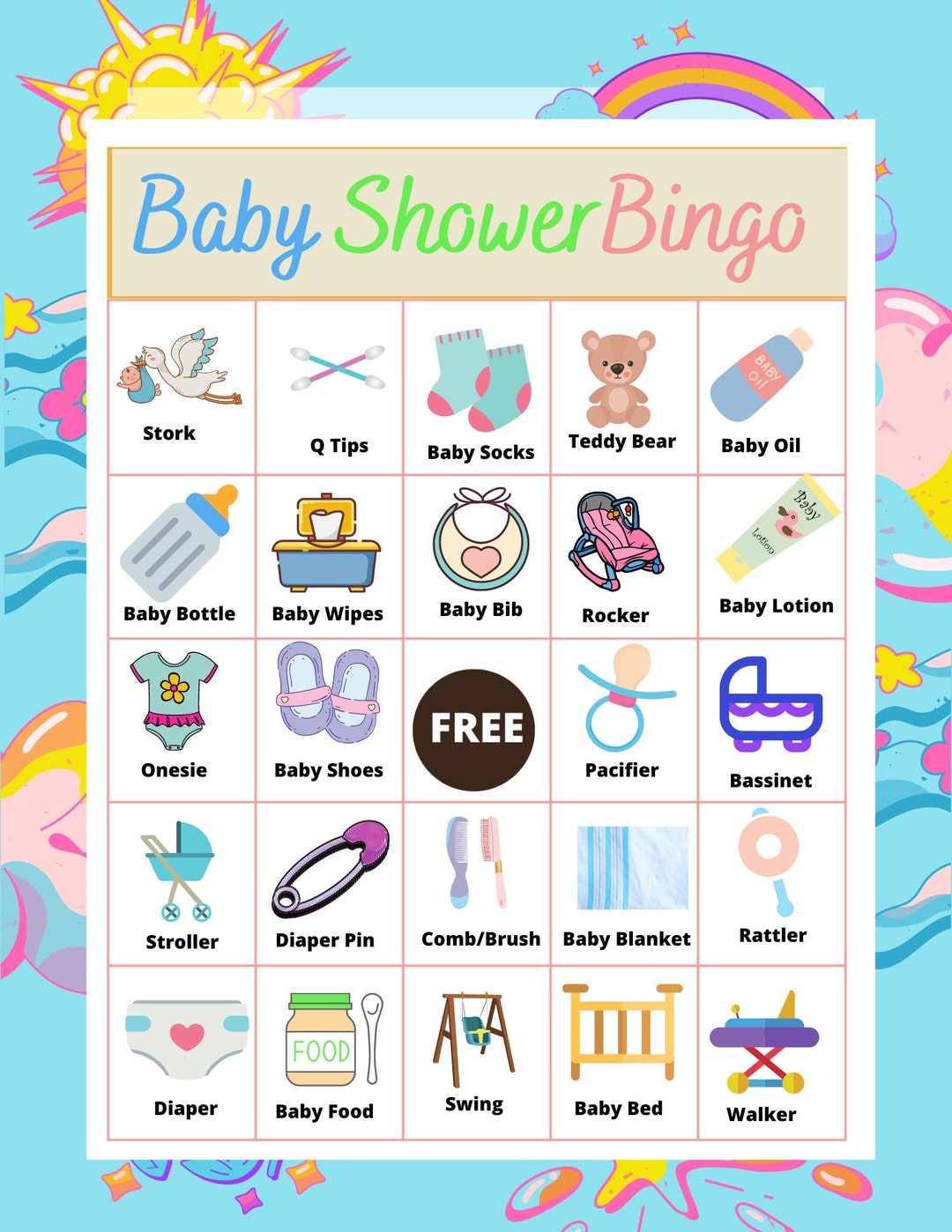 Baby Shower Bingo Game, Bingo Game Bundle, Baby Themed Bingo Game ...