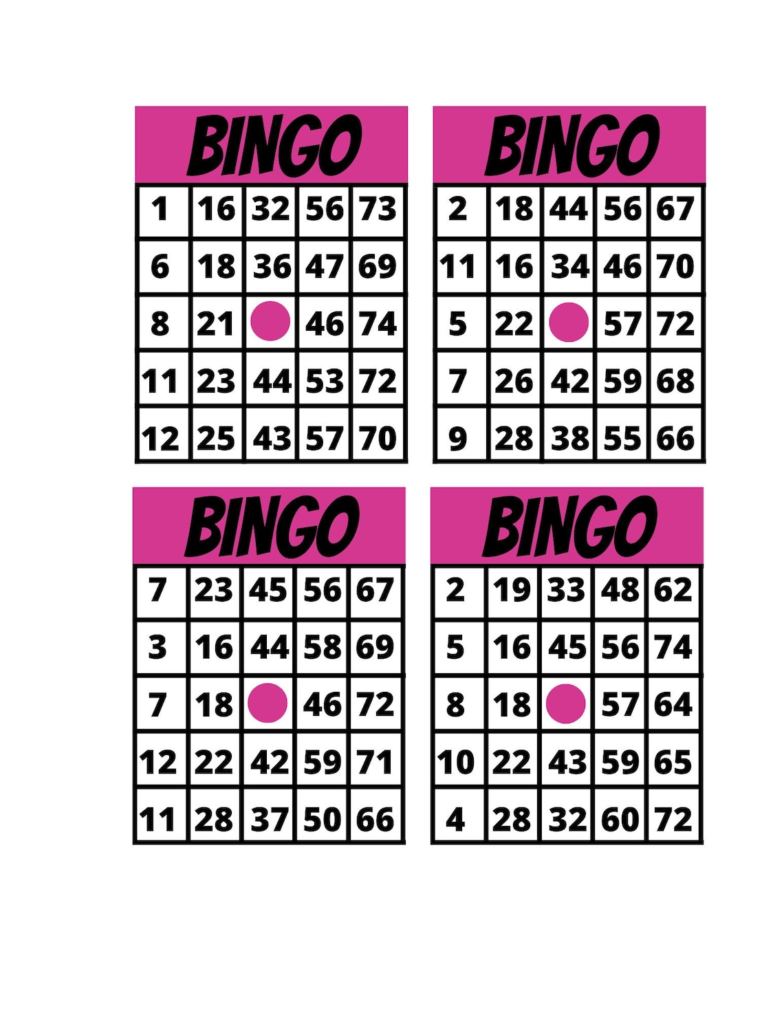 Pink/bingo Calling Cards/100 Bingo Cards/pink Bingo Cards Template ...